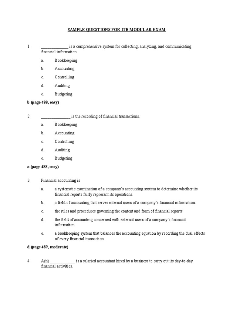 Sample Questions For Itb Modular Exam | PDF | Bookkeeping | Accounting