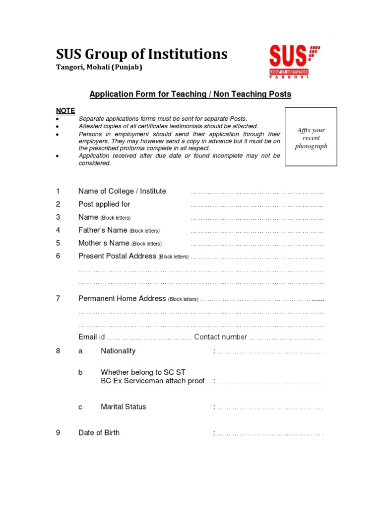 SUS Group of Institutions: Application Form For Teaching / Non Teaching ...