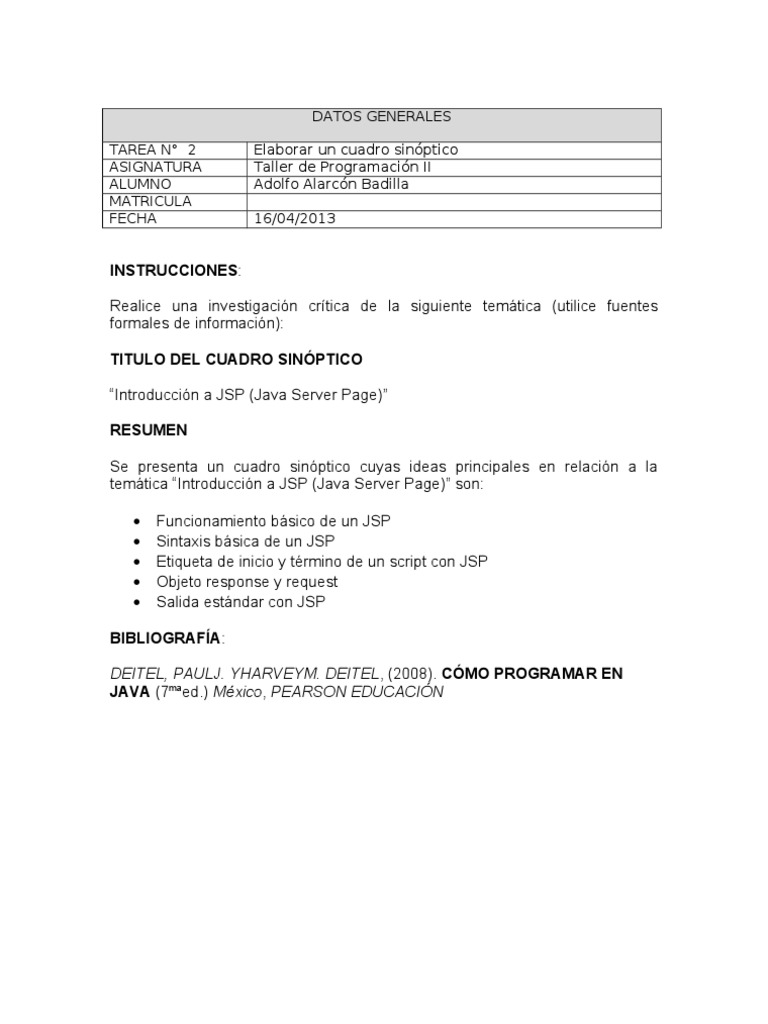 Guía de Taller N°2 - Cuadro Sinóptico - Introducción A JSP (Java Server Page) - AAB | PDF ...