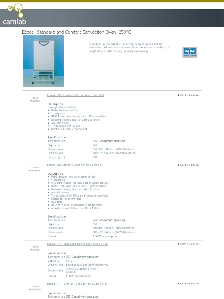 Camlab Uk Ecocell Standard and Comfort Convection Oven 250c | PDF ...
