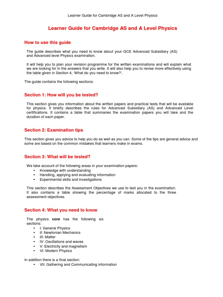 Learner Guide For As and A Level Physics (Cambridge) | PDF