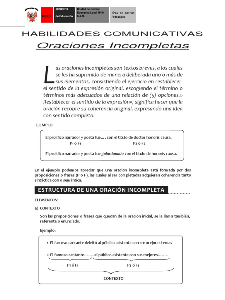 Oraciones Incompletas: Teoría y Ejemplos | PDF | Oración (Lingüística ...
