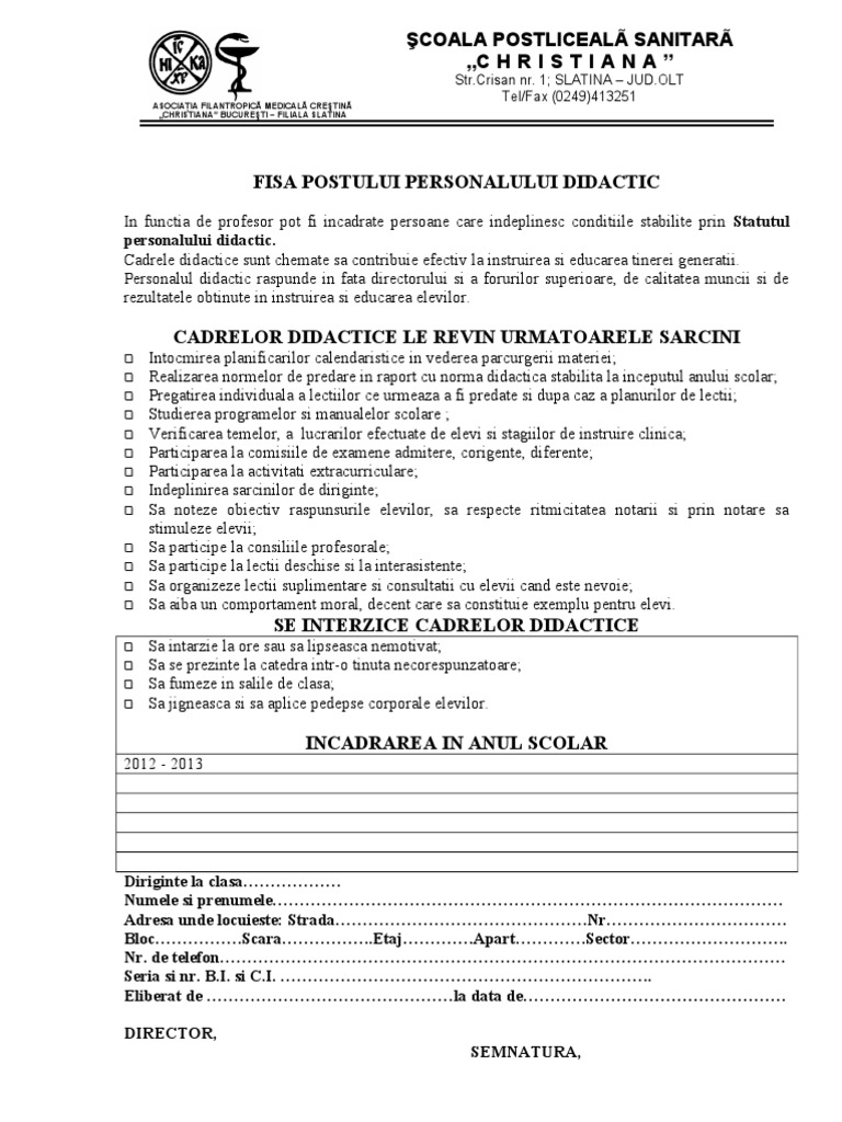 Fisa Postului Personalului Didactic | PDF