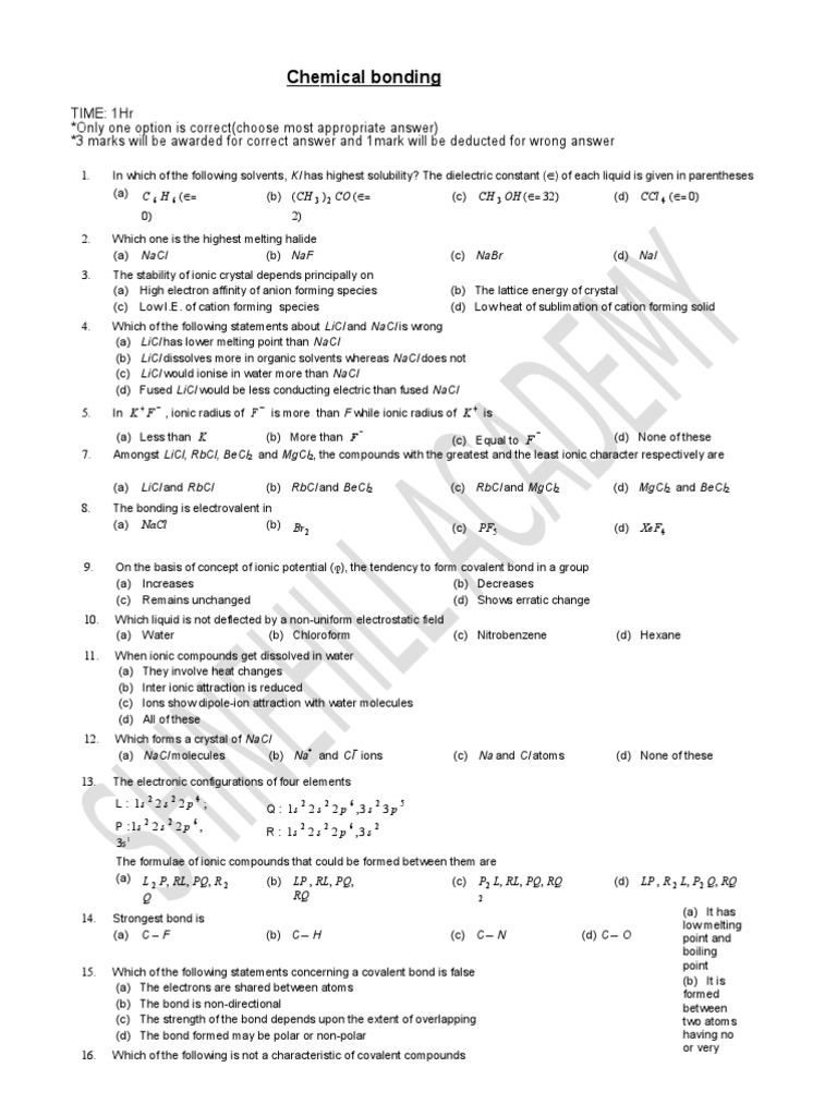 Chemicalbonding Test | PDF | Chemical Bond | Chemical Polarity