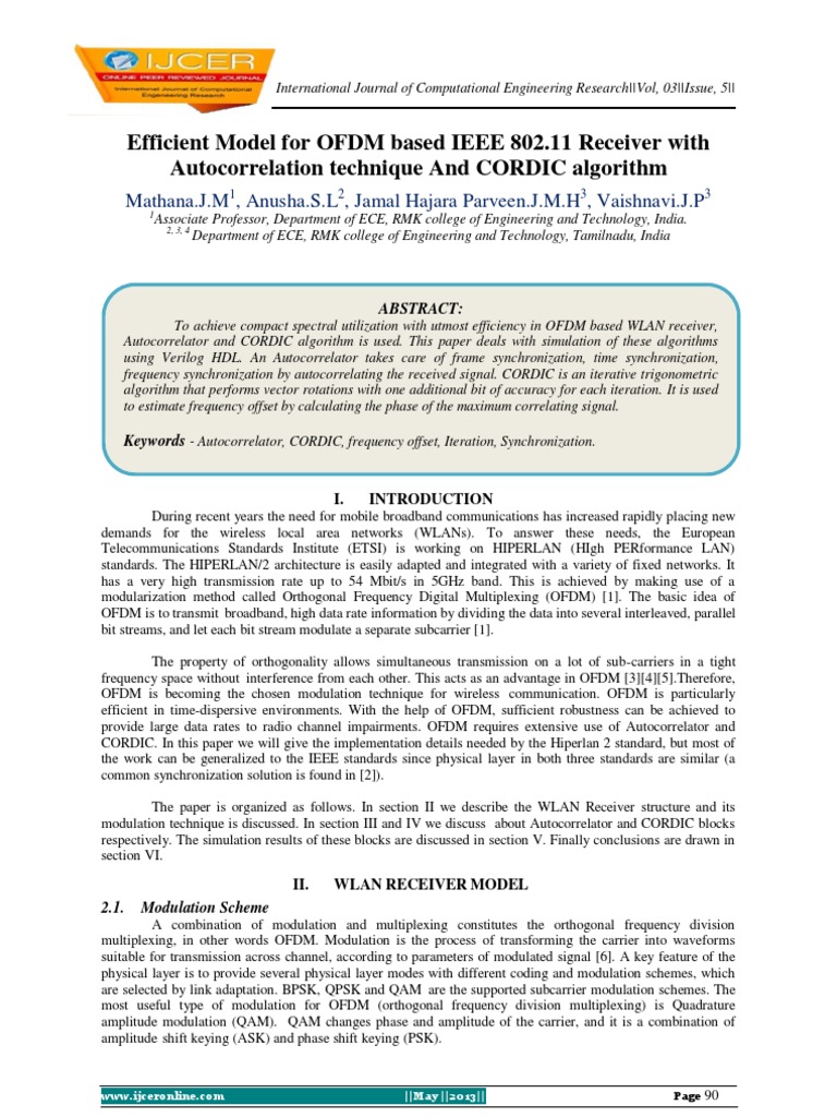Efficient Model For OFDM Based IEEE 802.11 Receiver With Autocorrelation Technique and CORDIC ...