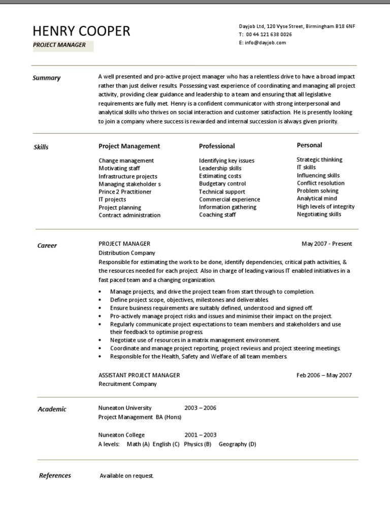 Project Manager CV Example 4 | PDF | Project Management | Project Manager