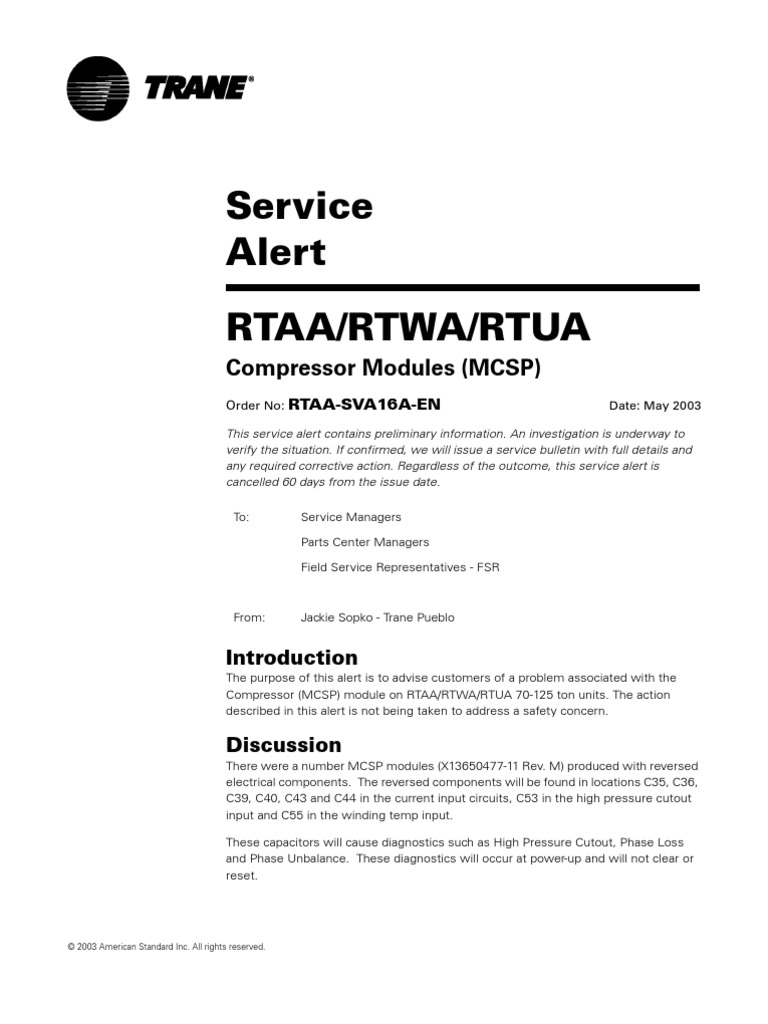 Service Alert Rtaa/Rtwa/Rtua: Compressor Modules (MCSP) | PDF