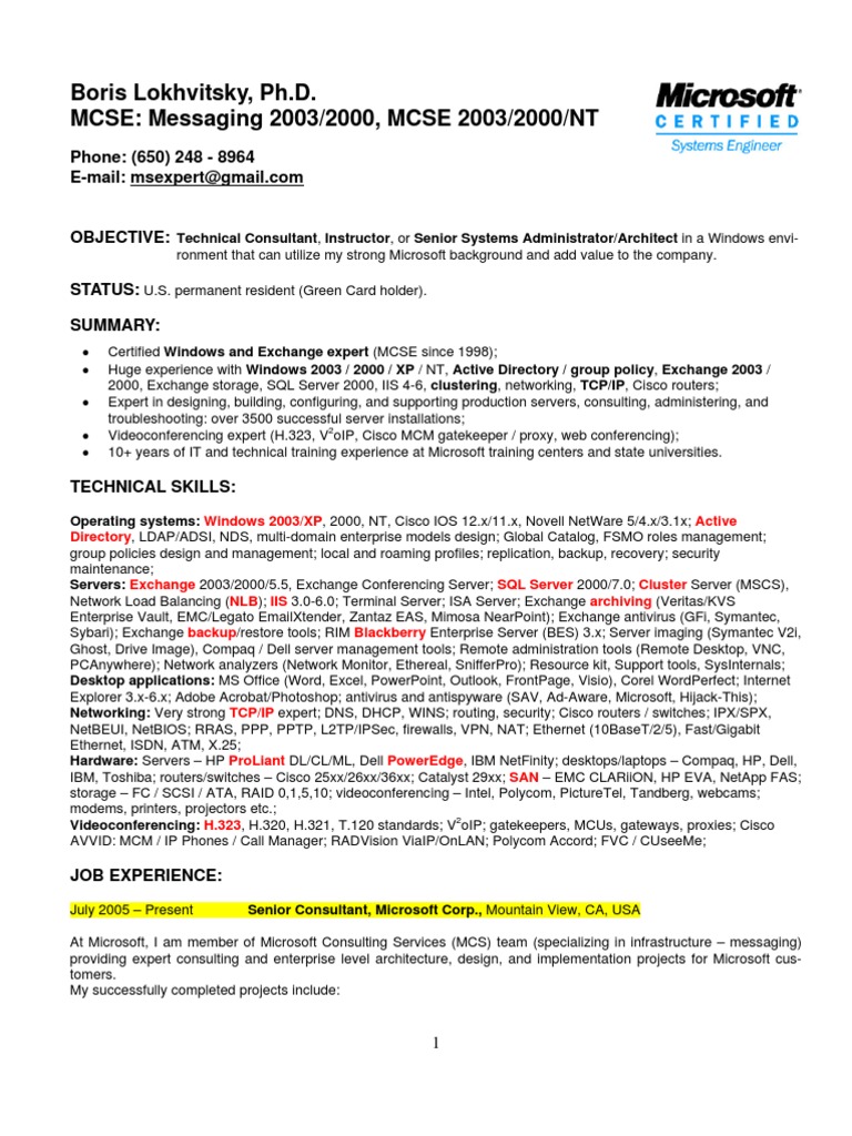 Technical Resume Example | PDF | Active Directory | Windows 2000