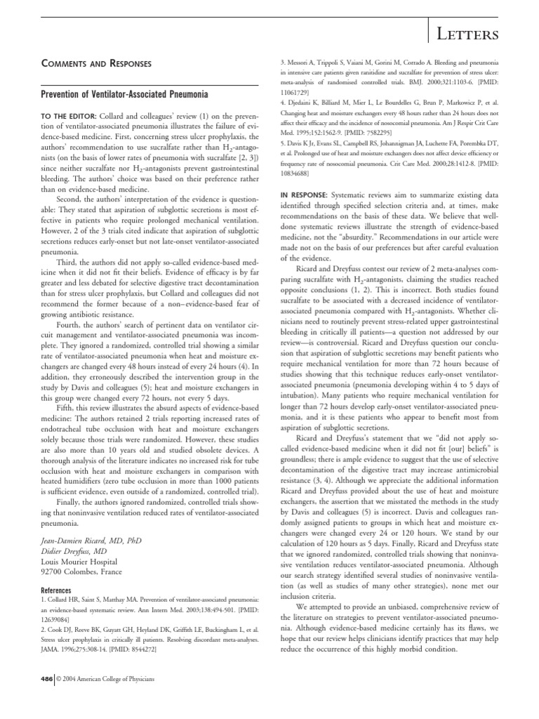 Letters: Prevention of Ventilator-Associated Pneumonia | PDF ...