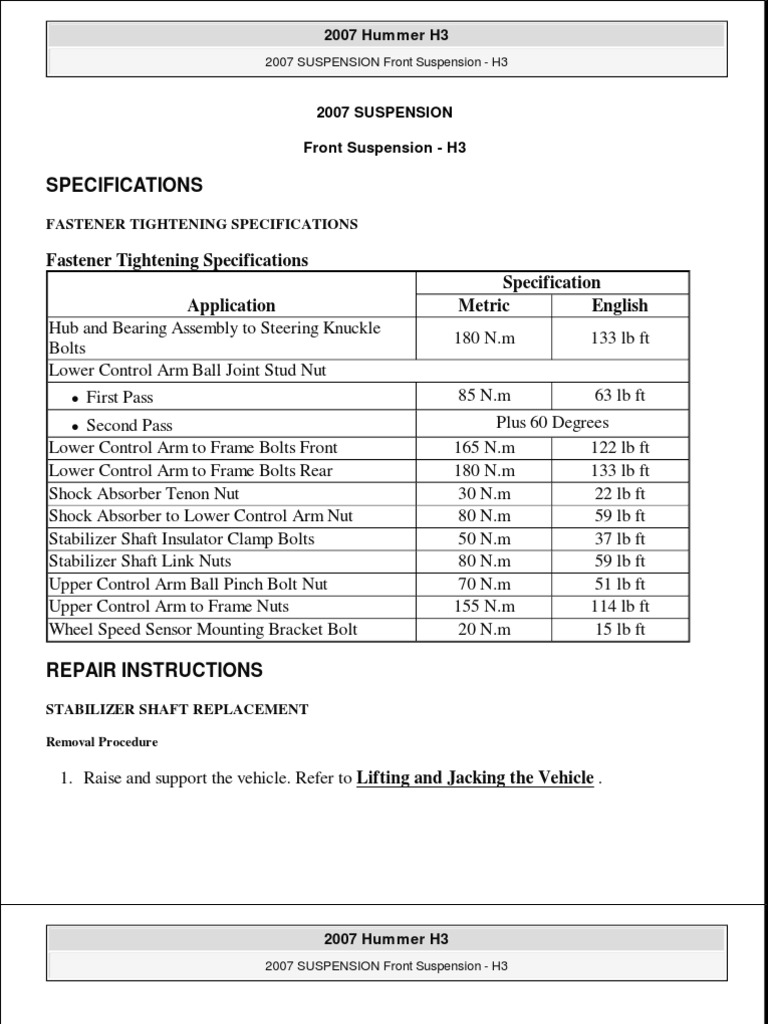 2007 Hummer H3 Front Suspension Specs | PDF | Suspension (Vehicle) | Axle