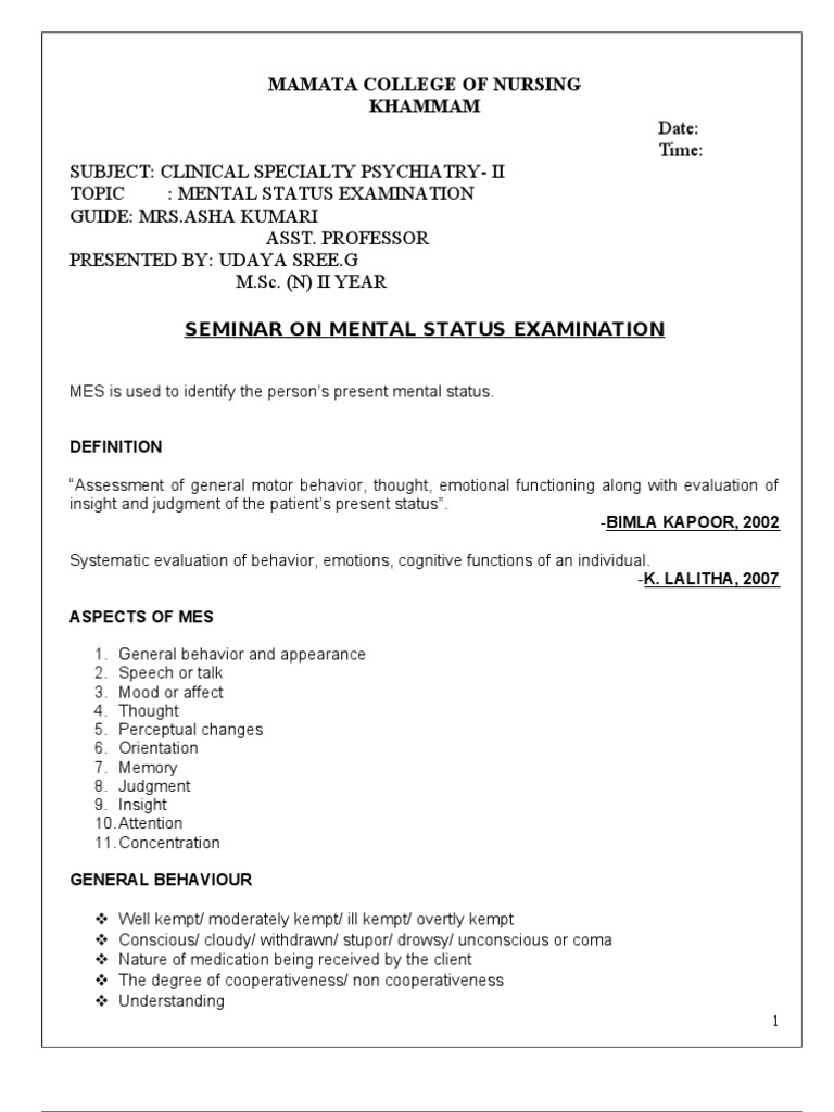 Mental Status Examination | PDF | Psychiatry | Psychiatric Diagnosis