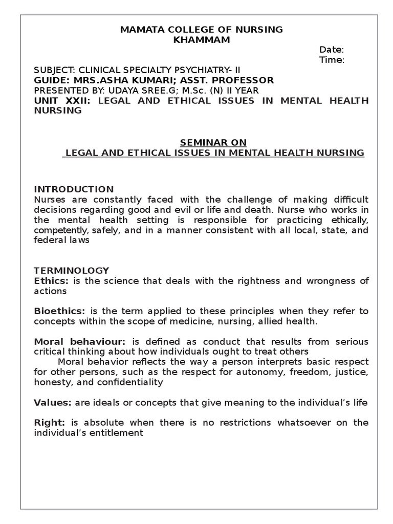 Ethical and Legal Issues in Mental Health Nursing | PDF | Tort ...