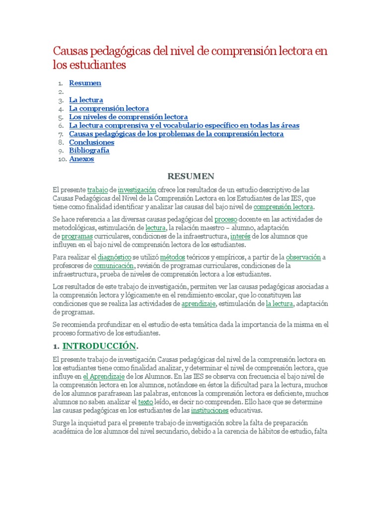 Causas Pedagógicas Del Nivel de Comprensión Lectora en Los Estudiantes ...