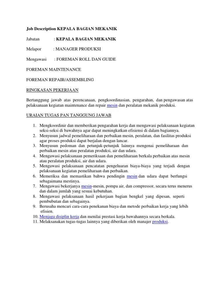 Job Description Kepala Bagian Mekanik | PDF