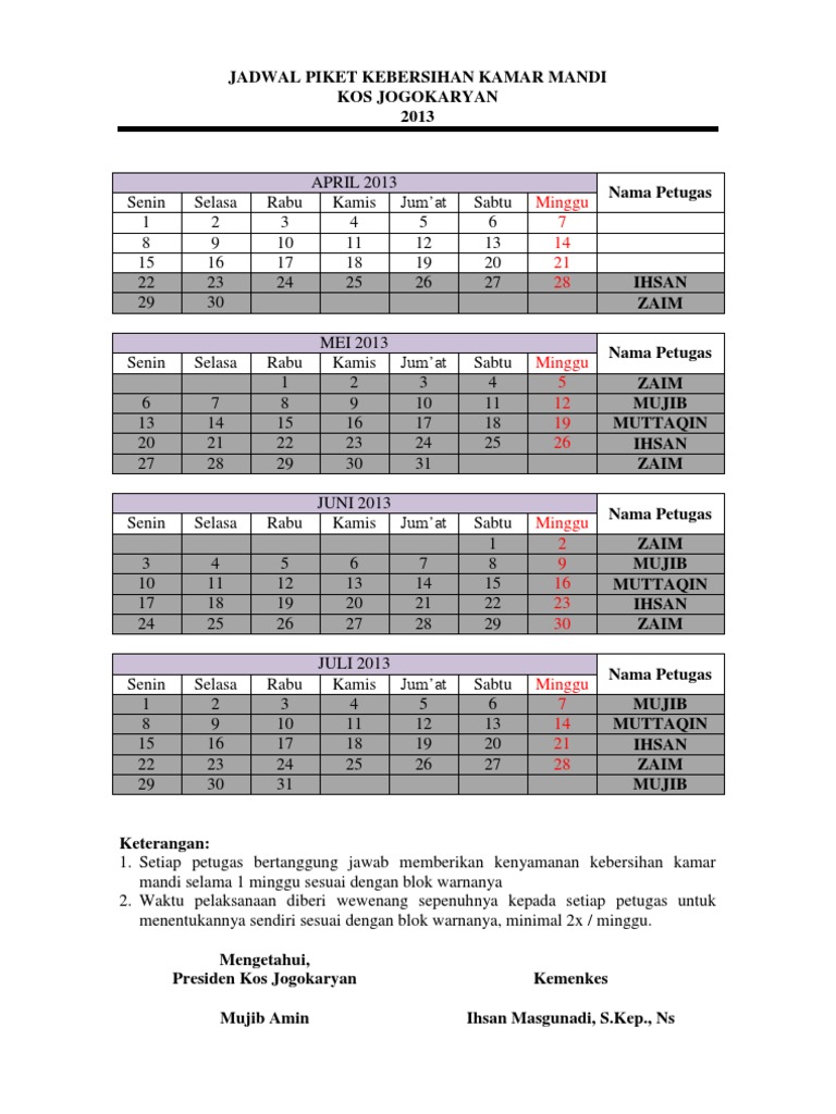 Jadwal Piket Kebersihan Kamar Mandi | PDF