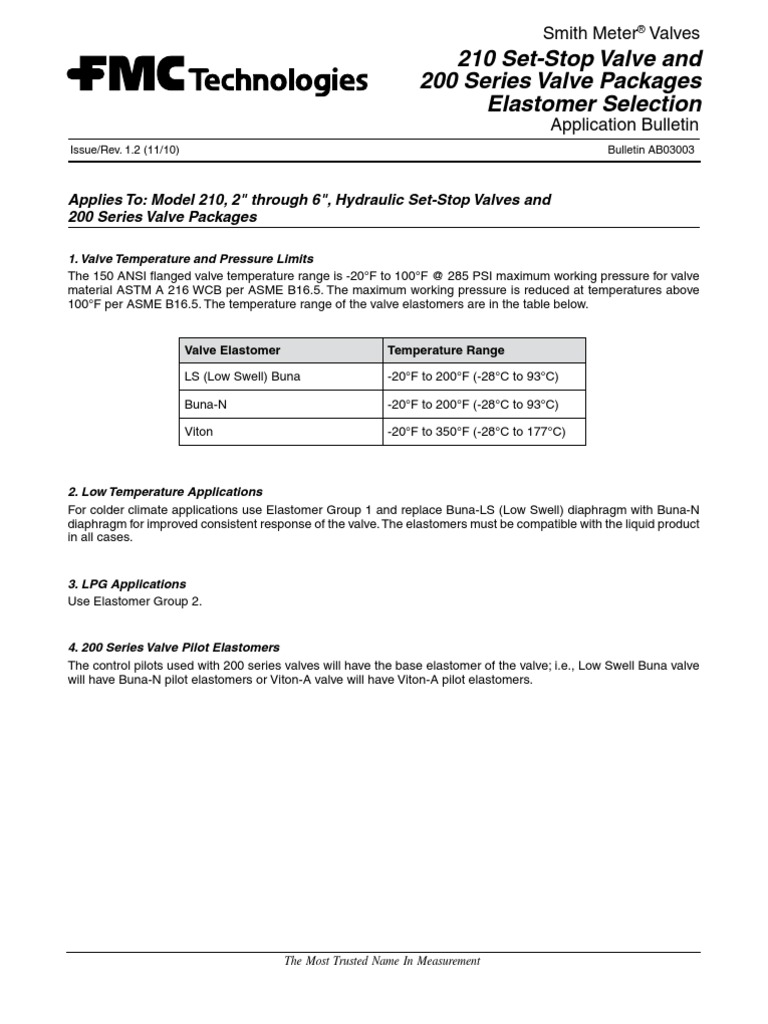210 Set-Stop Valve 200 Series Valve Elastomer Selection | PDF | Valve ...