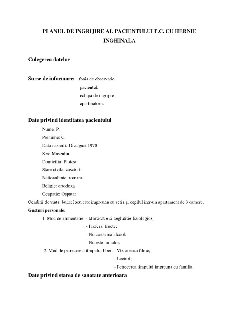 Planul de Ingrijire Hernie Inghinala