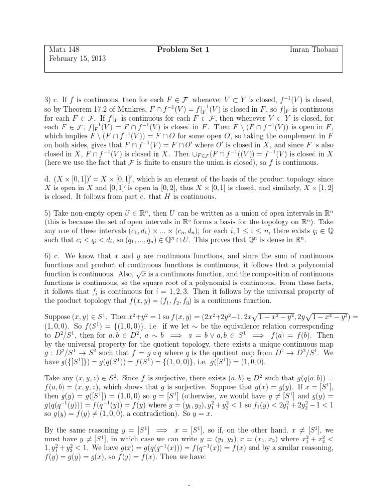 Math148ps1 (Algebraic Topology Problem Set 1) | PDF | Continuous Function | Functions And Mappings