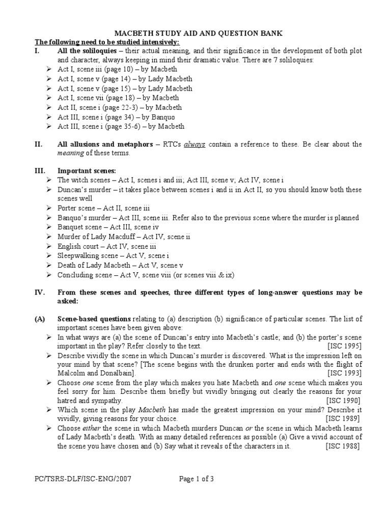 Macbeth Study Aid and Question Bank | PDF | Macbeth | Shakespearean ...