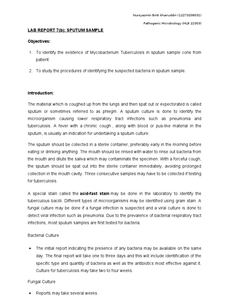 Lab Report Pathogen Microbe 7 (SPUTUM) | PDF | Staining | Infection