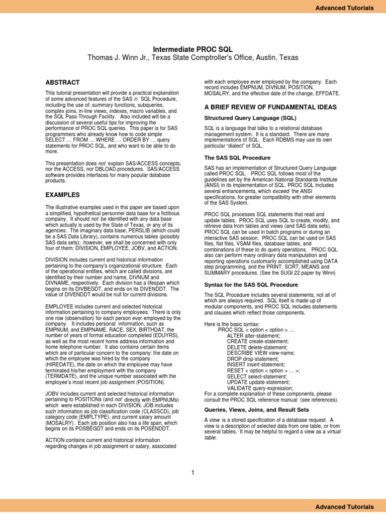 Intermediate PROC SQL | PDF