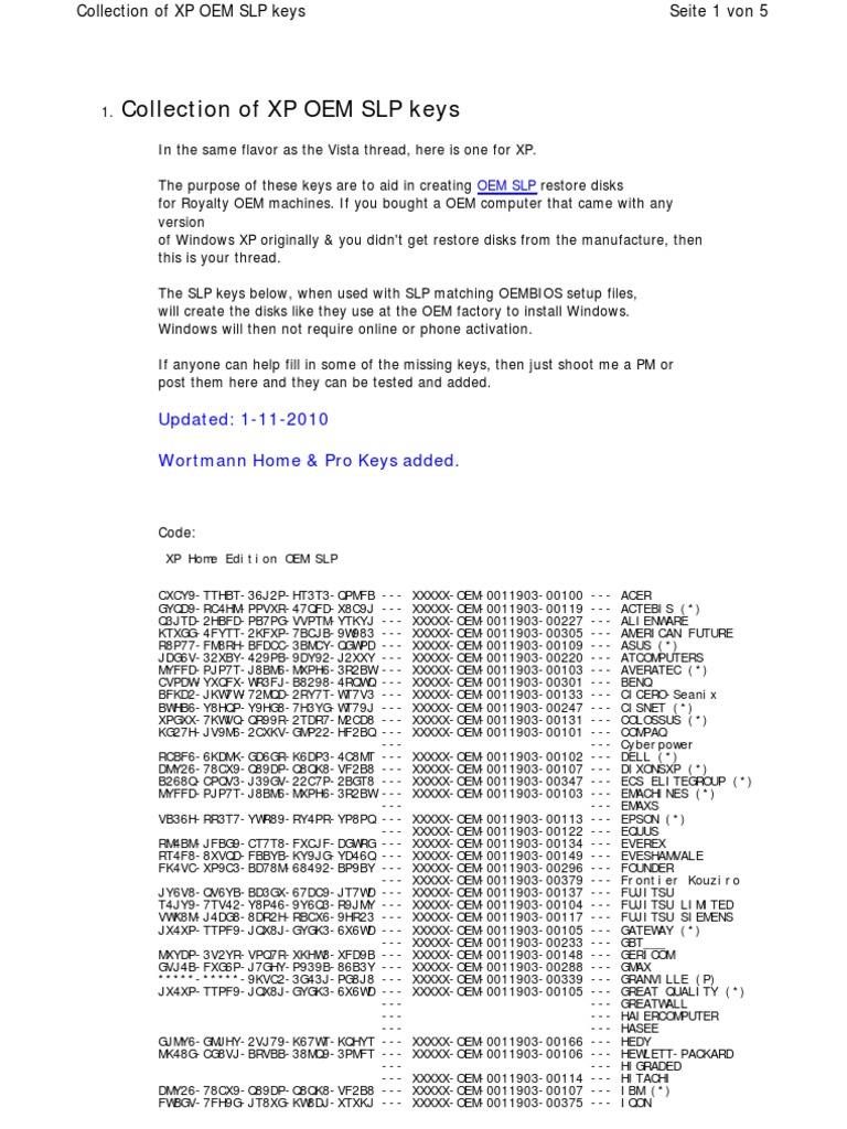 Windows XP Oem SLP Keys | PDF | Windows Xp | Original Equipment ...