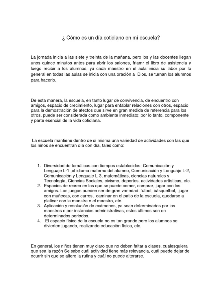 Cómo Es Un Día Cotidiano en Mí Escuela | PDF | Autoestima | Democracia