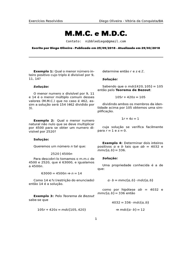 Exercícios Resolvidos de MDC e Mmc. | Matemática discreta | Teoria dos números