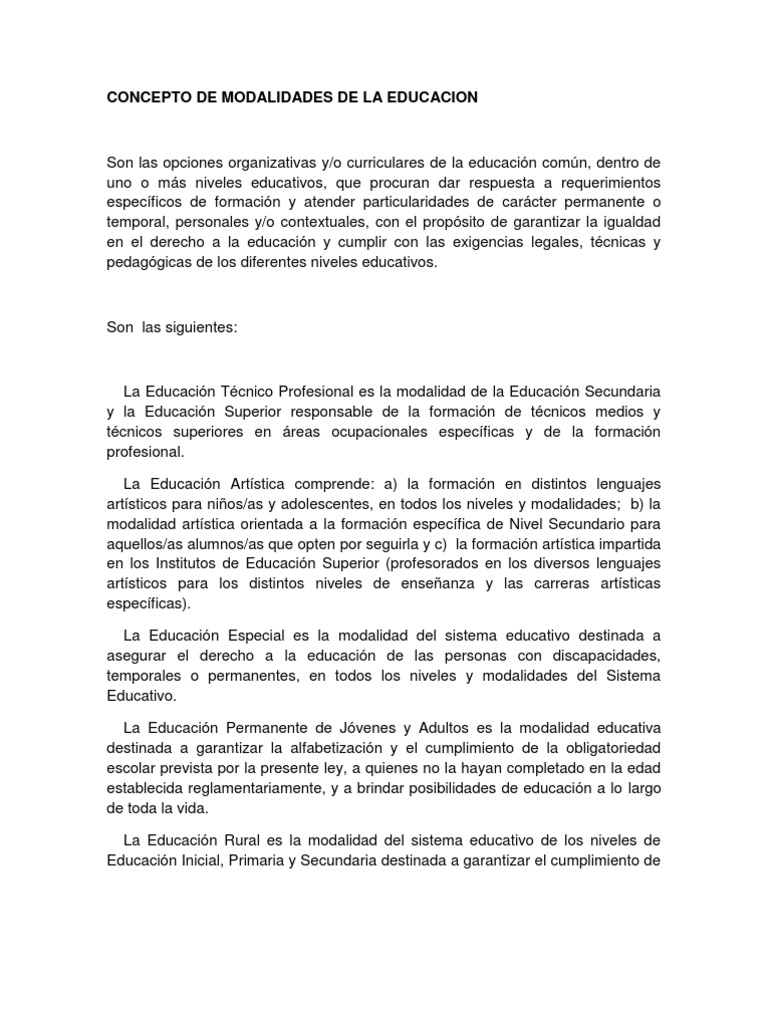 Concepto de Modalidades de La Educacion | PDF | Educación Secundaria ...