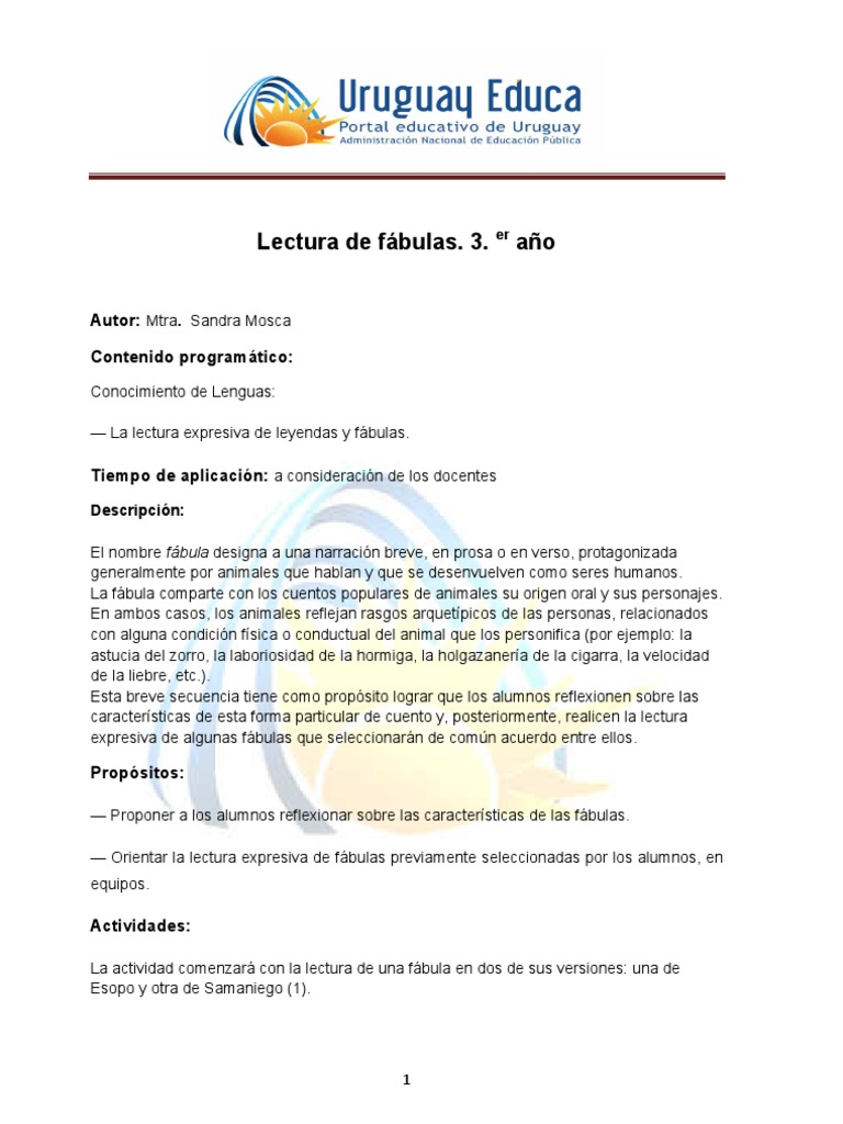 Lectura de fábulas en 3er año | PDF | Fábula | Esopo