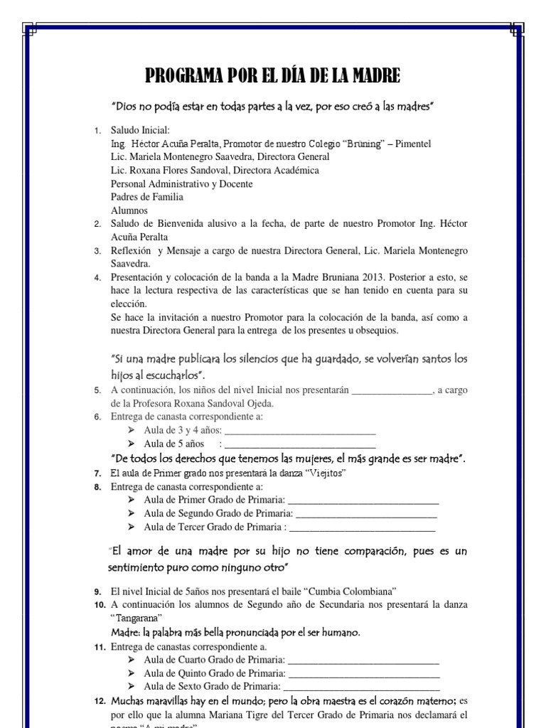 Programa Por El Día De La Madre Educación Secundaria Educación Primaria