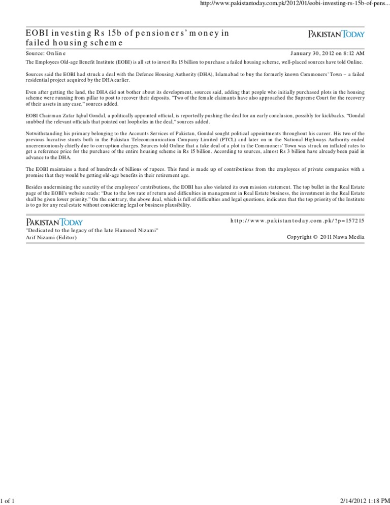 EOBI Investing Rs 15b of Pensioners' Money in Failed Housing Scheme ...