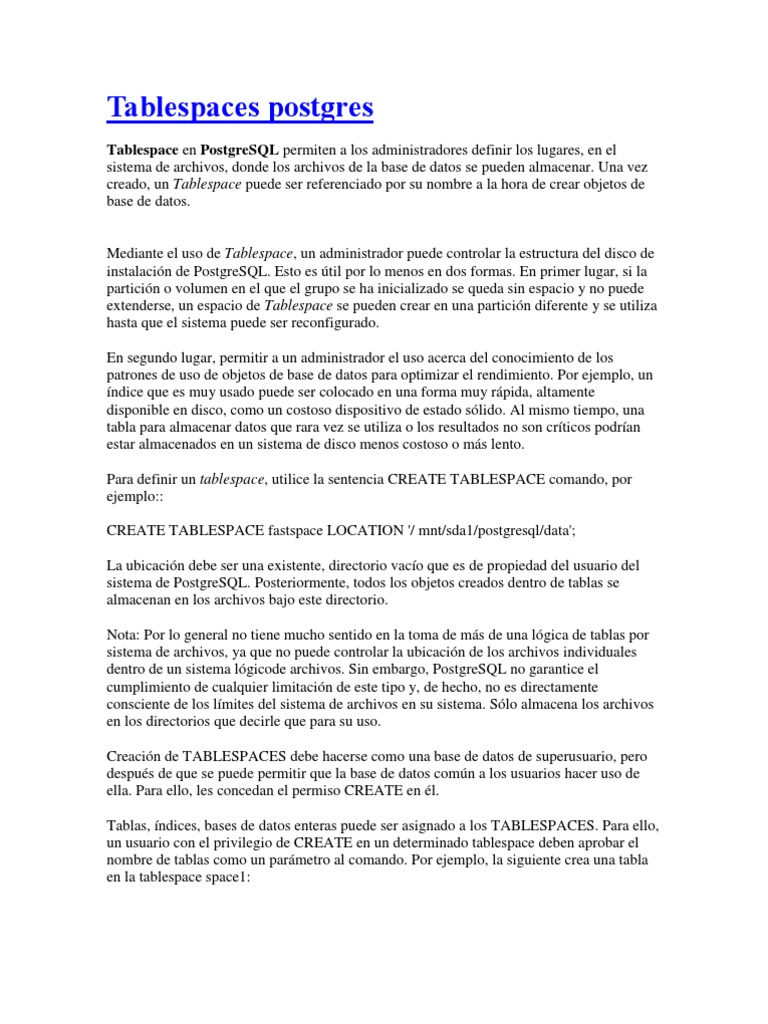 Tablespaces Postgres | PDF | Tabla (base de datos) | Archivo de computadora