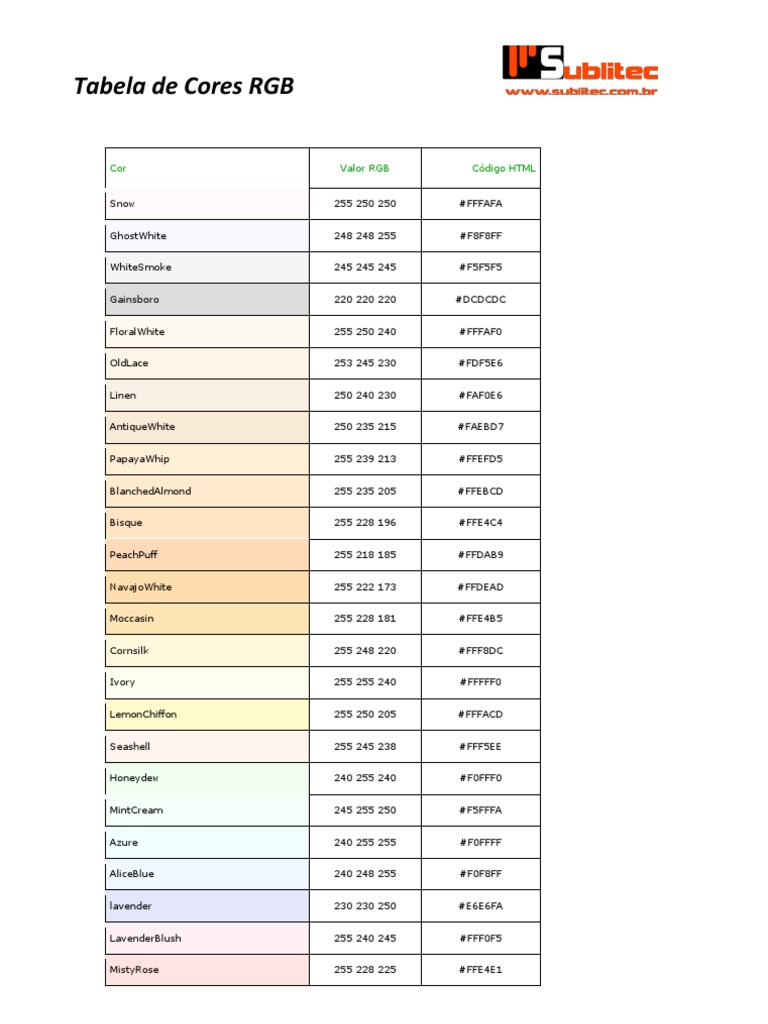 Tabela Completa de Cores RGB | PDF | Vision | Color