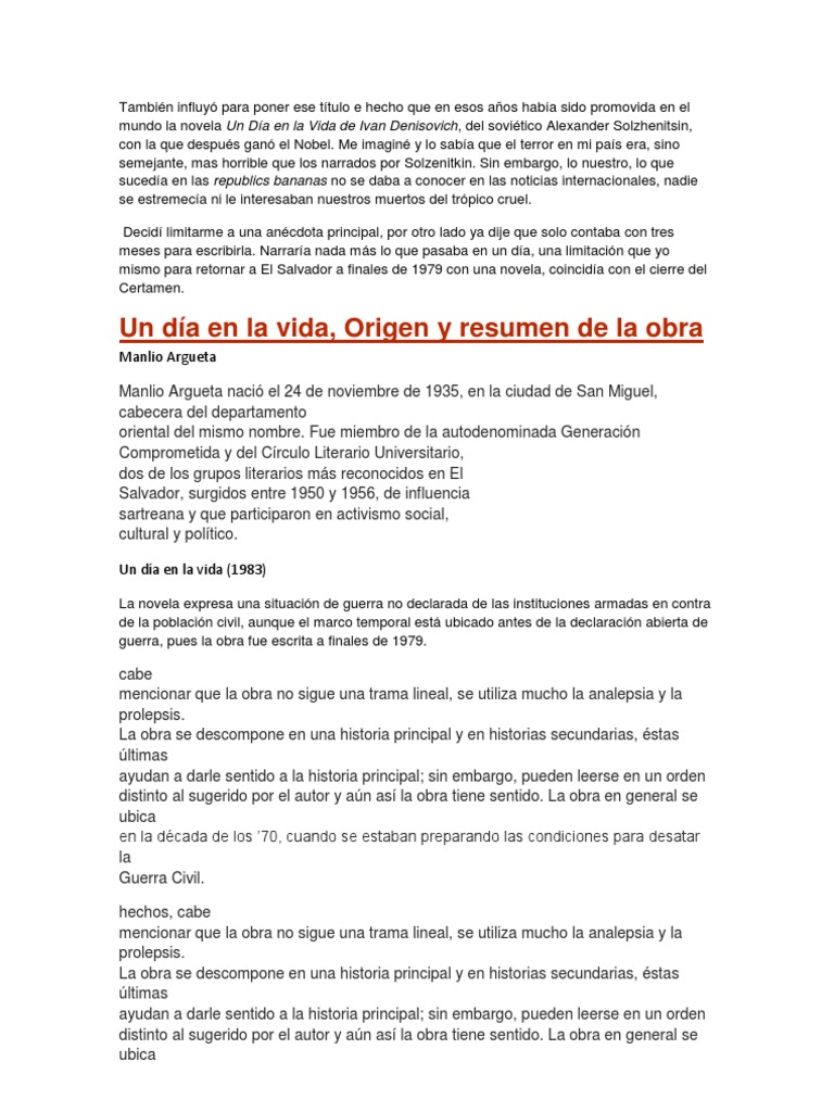 Un Día en la Vida: Resumen y Contexto | PDF | El Salvador | Novelas
