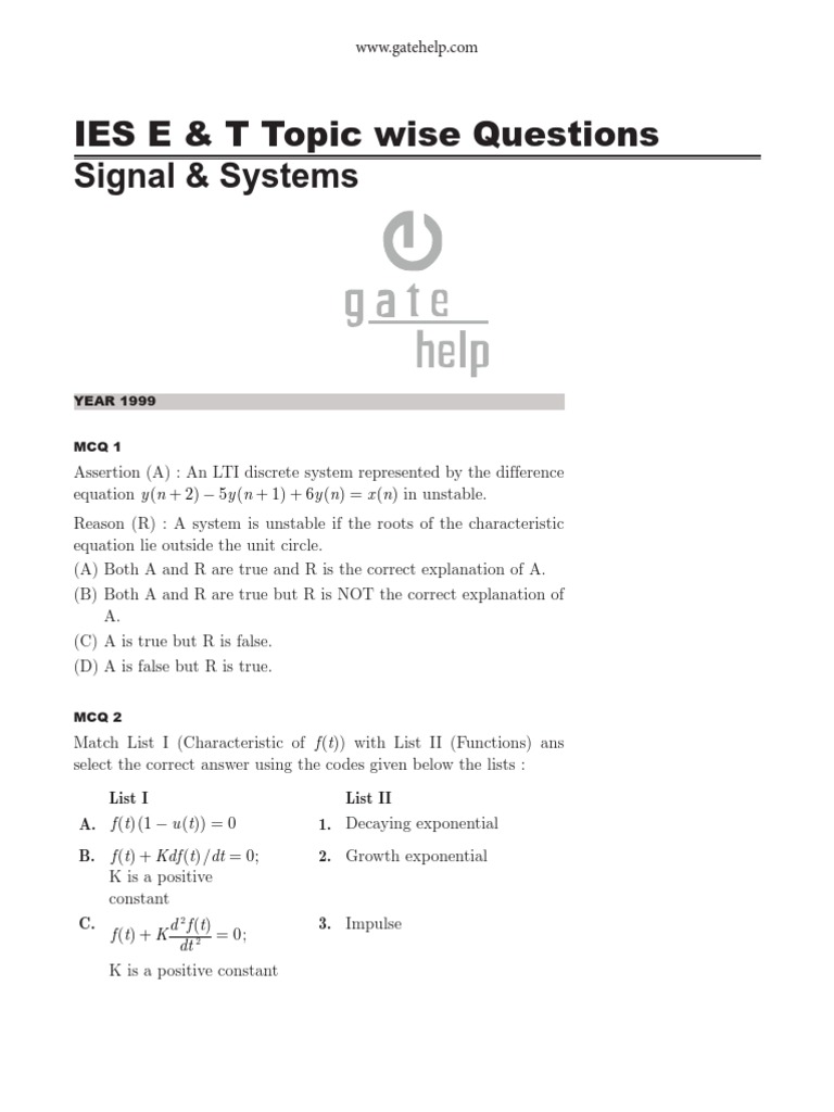 GATE Signals and Systems Questions | PDF | Laplace Transform ...