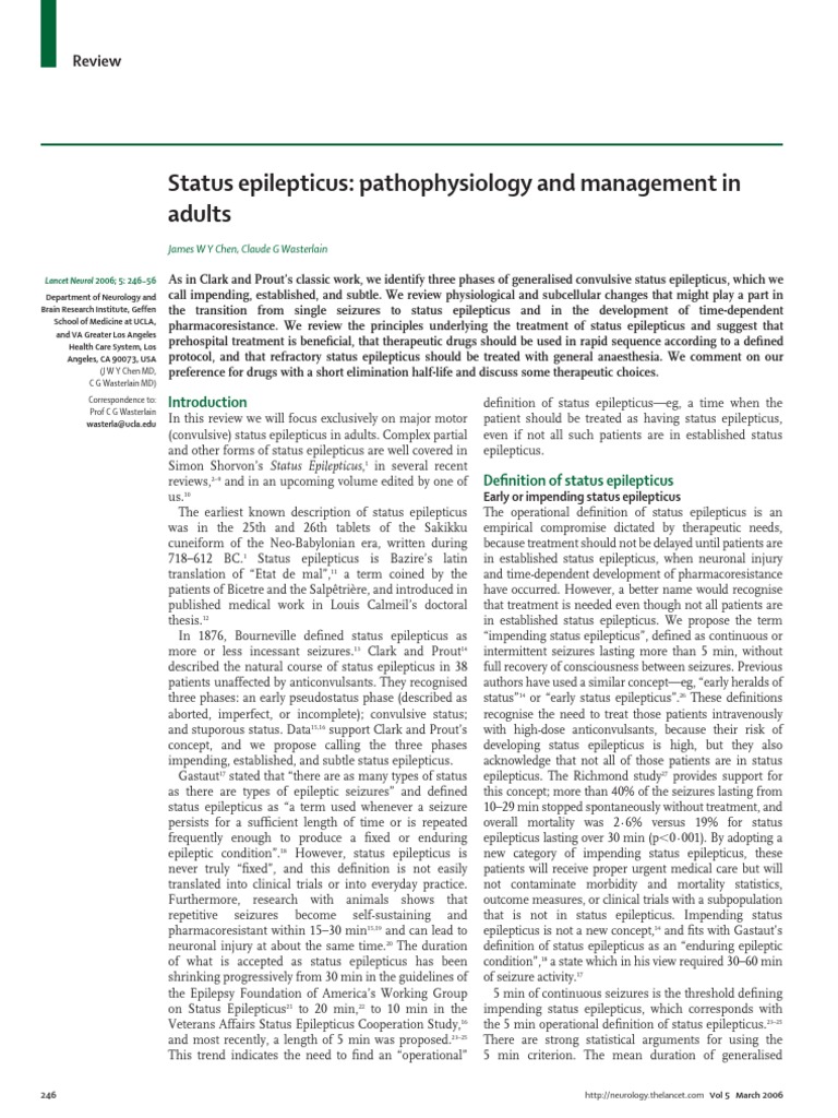 Status Epilepticus Pathophysiology and Management | PDF