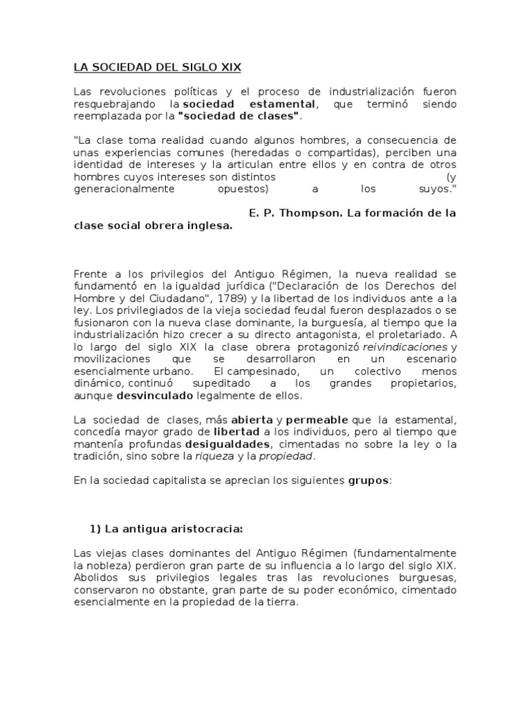 La Sociedad Del Siglo Xix | PDF