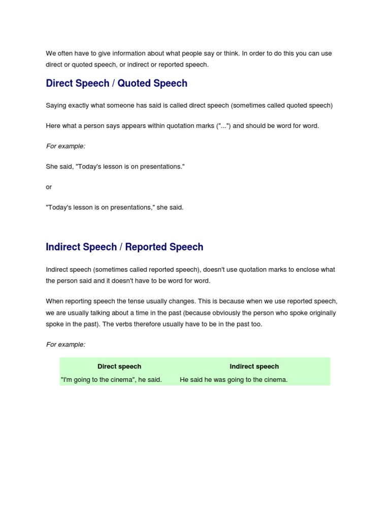 Direct Speech / Quoted Speech: For Example | PDF | Rules | Cognitive ...