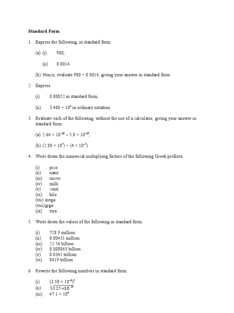 Standard Form Calculations and Conversions | PDF | Significant Figures ...