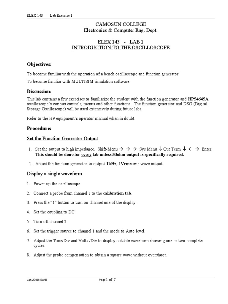 Objectives:: Camosun College Electronics & Computer Eng. Dept. Elex 143 ...