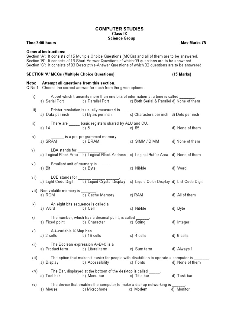 Computer Studies: Class IX Science Group Time 3:00 Hours Max Marks 75 ...
