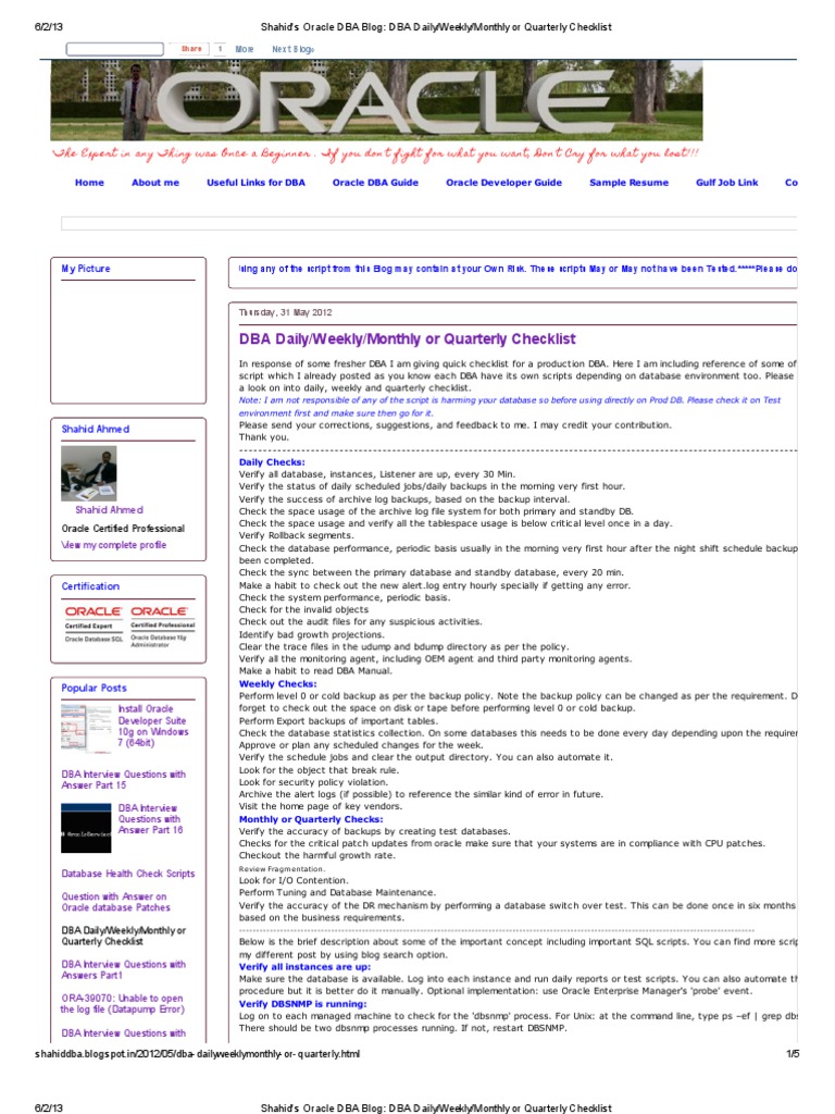 DBA Daily - Weekly - Monthly or Quarterly Checklist | PDF | Oracle ...