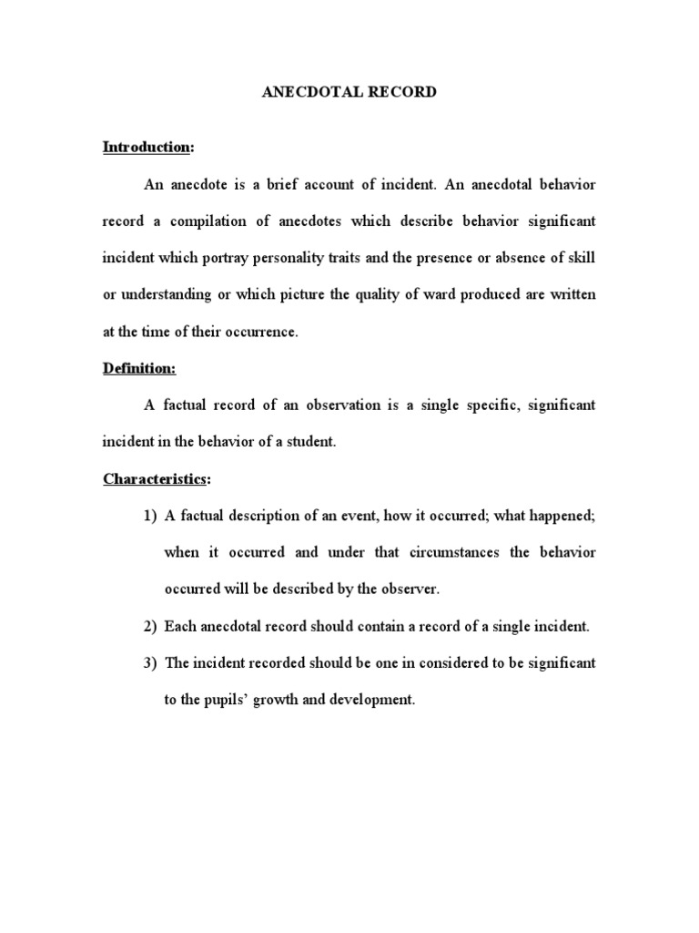 Anecdotal Record | PDF | Behavior | Psychological Concepts
