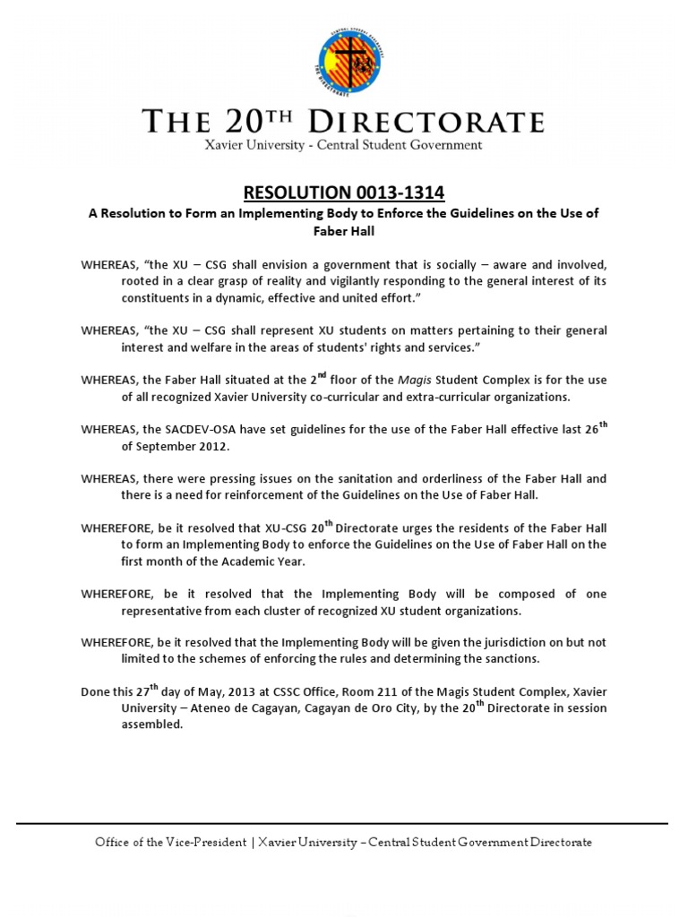 XU-CSG 20th Directorate Resolution 0013-1314 | PDF | Public Law | Virtue