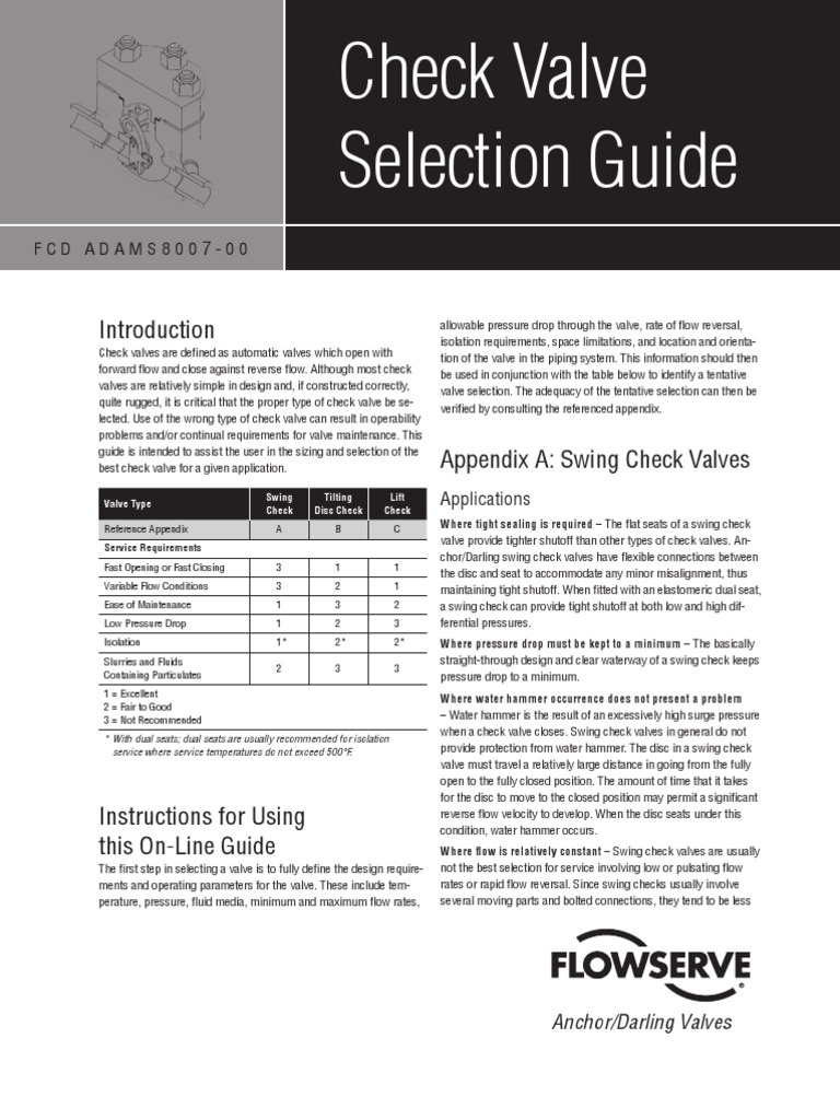 Check Valve Selection Guide: FCD ADAMS8007-00 | PDF | Valve | Lift (Force)