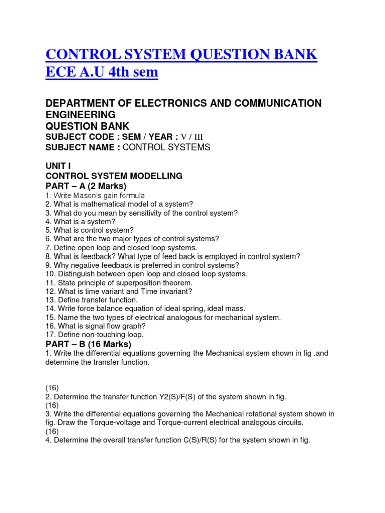 Control System Question Bank | PDF | Control Theory | Sampling (Signal ...