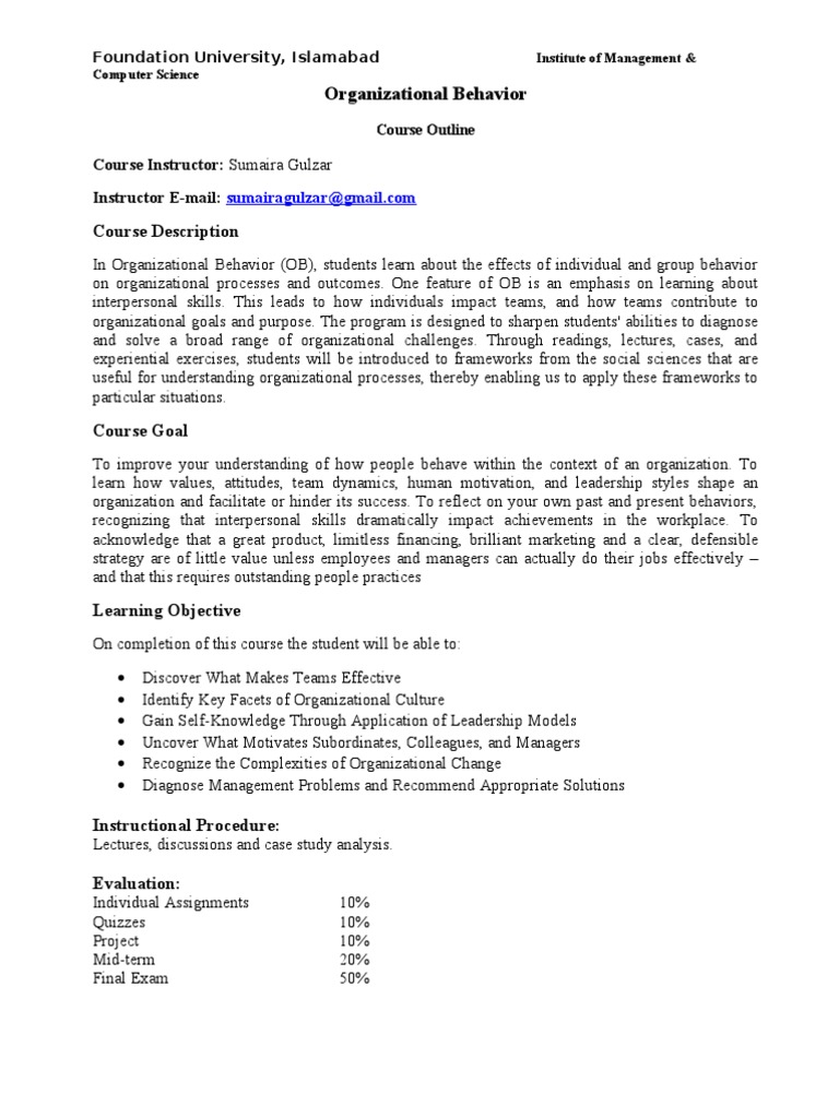 Organizational Behavior: Course Description | PDF