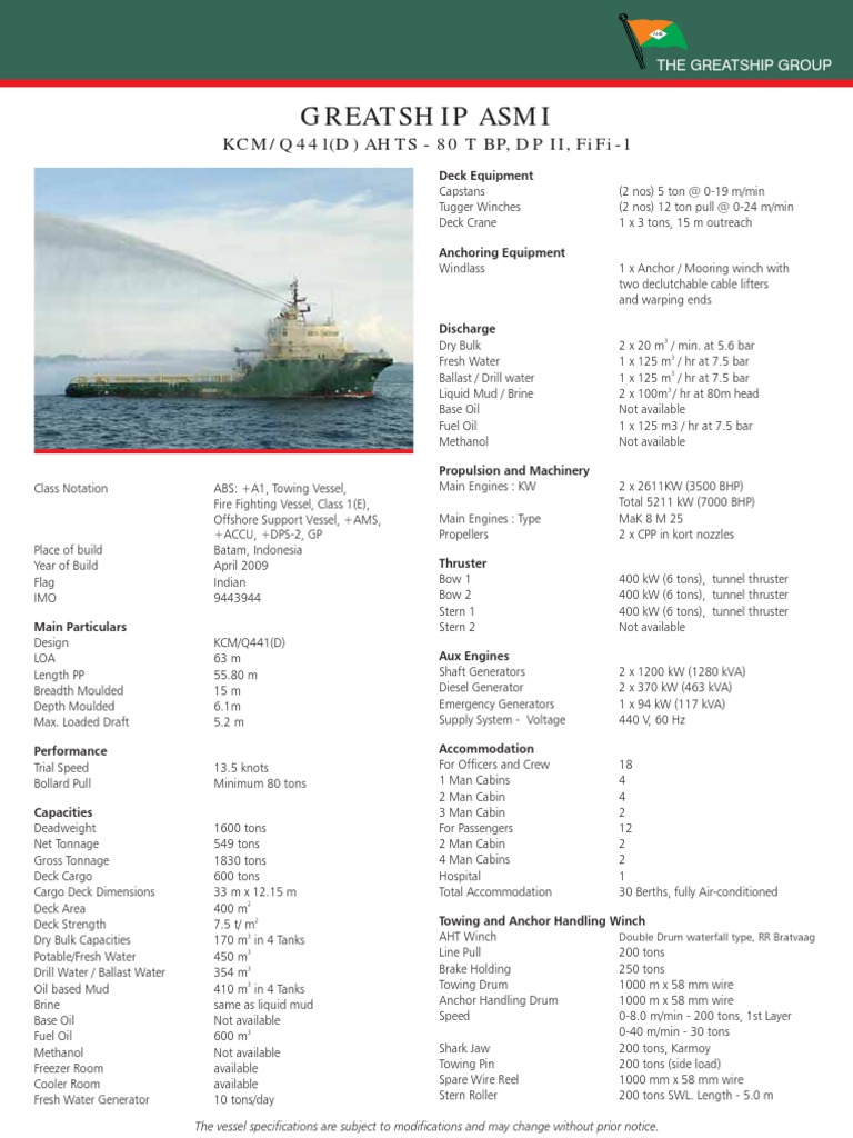 Greatship Leaflets - Ahtsv - 80 T (Asmi) | PDF | Tonnage | Water Transport