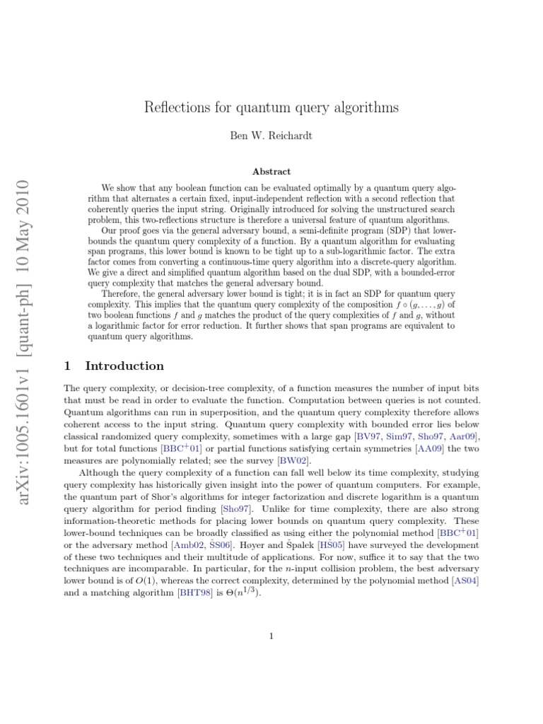 Reflections For Quantum Query Algorithms Ben W Reichardt Pdf Computational Complexity